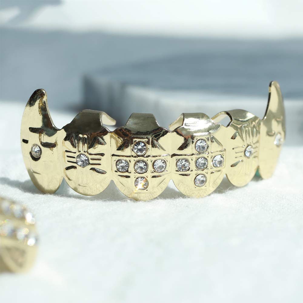 TSANLY Gold Grillz Teeth Set 24k Plated Gold CZ Diamonds Vampire Fangs Grillz Top & Bottom Set Iced Out Grill for Son + Extra Molding Bars + Microfiber Cloth