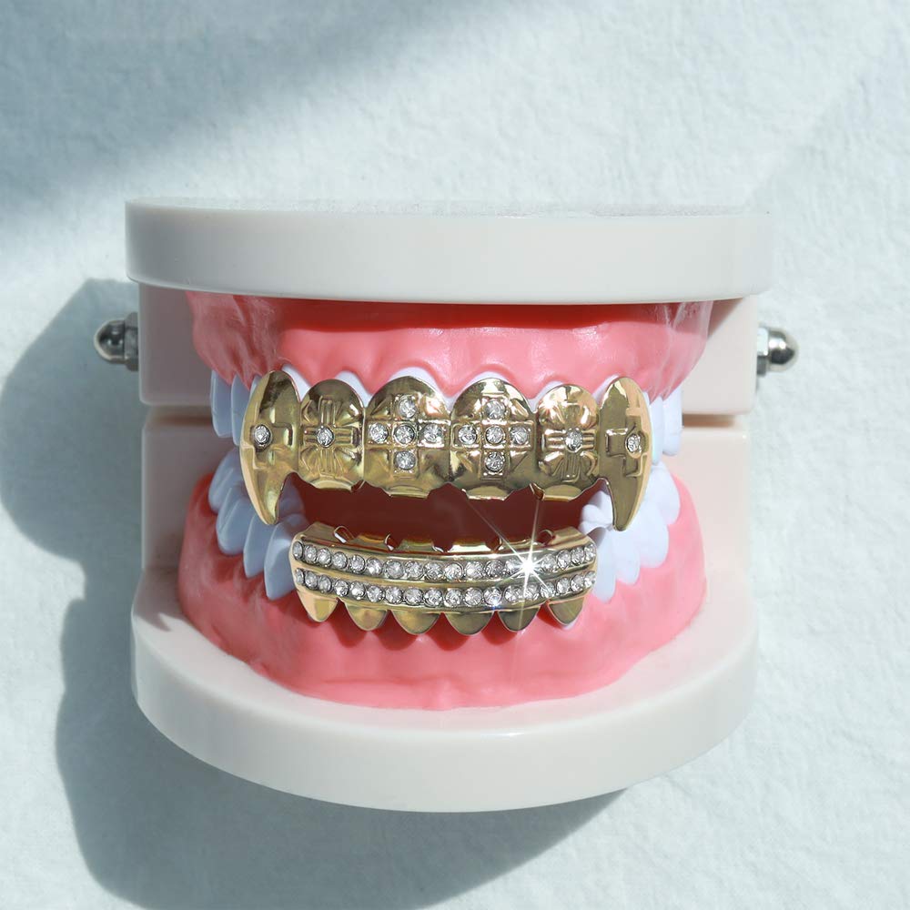 TSANLY Gold Grillz Teeth Set 24k Plated Gold CZ Diamonds Vampire Fangs Grillz Top & Bottom Set Iced Out Grill for Son + Extra Molding Bars + Microfiber Cloth