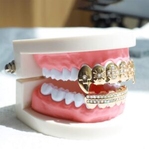 TSANLY Gold Grillz Teeth Set 24k Plated Gold CZ Diamonds Vampire Fangs Grillz Top & Bottom Set Iced Out Grill for Son + Extra Molding Bars + Microfiber Cloth