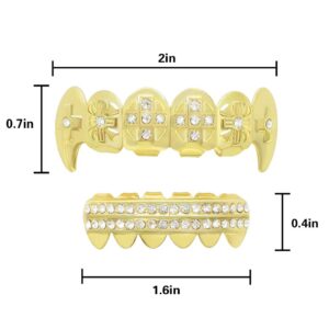 TSANLY Gold Grillz Teeth Set 24k Plated Gold CZ Diamonds Vampire Fangs Grillz Top & Bottom Set Iced Out Grill for Son + Extra Molding Bars + Microfiber Cloth