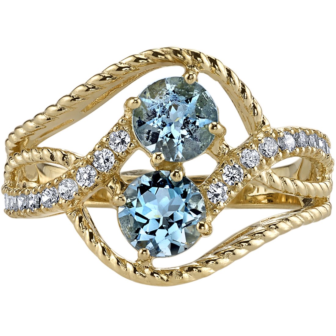 PEORA Aquamarine Two-Stone Ring for Women 14K Yellow Gold, Natural Gemstone, 1 Carat total Round Shape, Size 9