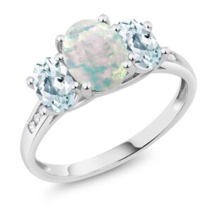 10k white gold white simulated opal sky blue aquamarine and white diamond oval 3-stone engagement ring for women (1.91 cttw, gemstone october birthstone, available in size 5, 6, 7, 8, 9)