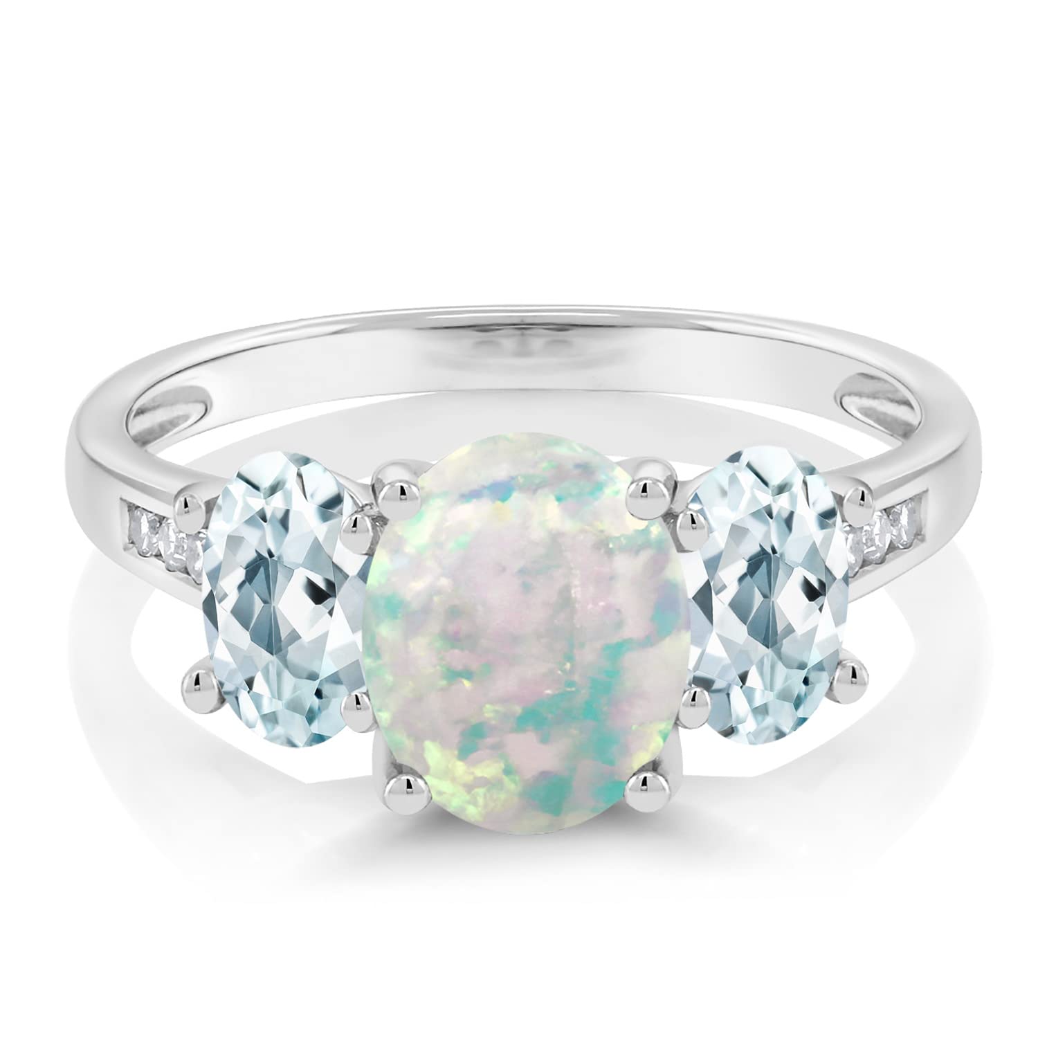 10K White Gold White Simulated Opal Sky Blue Aquamarine and White Diamond Oval 3-Stone Engagement Ring For Women (1.91 Cttw, Gemstone October Birthstone, Available In Size 5, 6, 7, 8, 9)