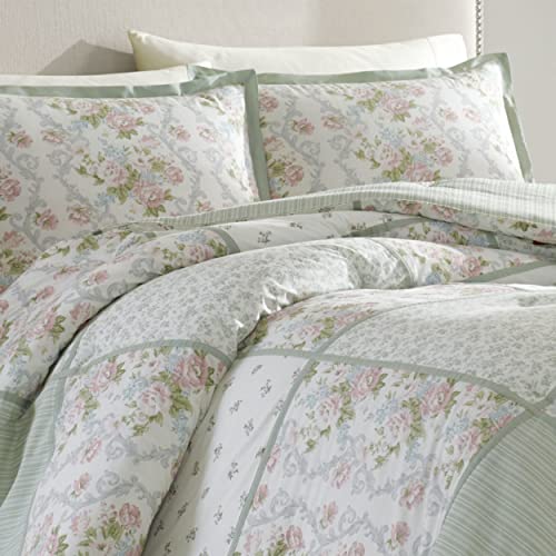 Laura Ashley - Queen Comforter Set, Reversible Cotton Bedding with Matching Shams & Bedskirt, Stylish Home Decor for All Seasons (Harper Sage, Queen)