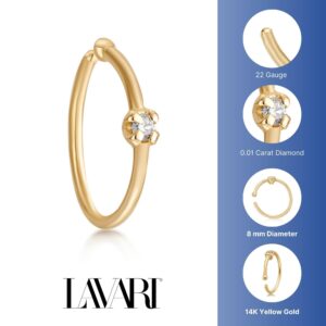 22 Gauge Open Hoop Nose Ring for Women I .01 Carat Diamond Nose Ring for Her I 14k Yellow Gold Nose Ring I 1.3mm Unisex Stud Hypoallergenic Nostril Piercing Jewelry I 22G Body Piercing Lavari Jewelers