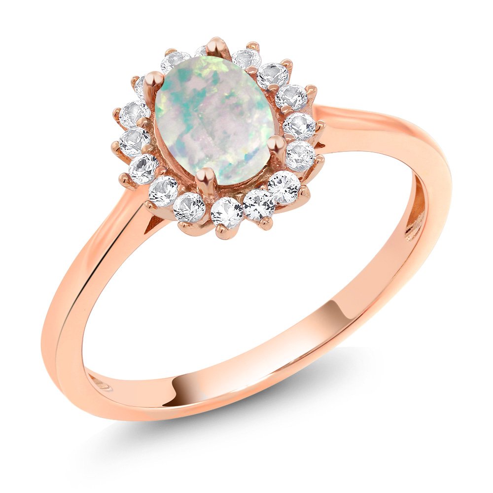 Gem Stone King 10K Rose Gold Cabochon White Simulated Opal and White Created Sapphire Engagement Ring For Women (0.87 Cttw, Available In Size 5, 6, 7, 8, 9)