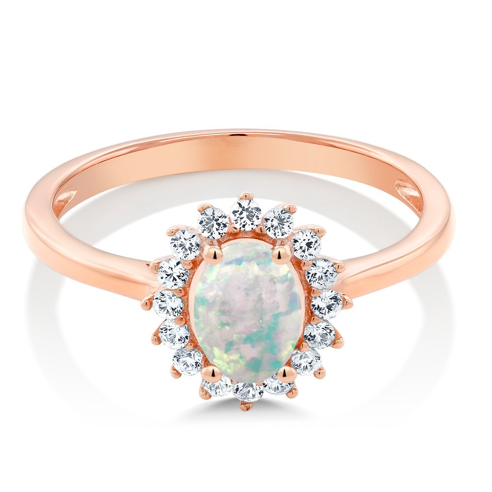 Gem Stone King 10K Rose Gold Cabochon White Simulated Opal and White Created Sapphire Engagement Ring For Women (0.87 Cttw, Available In Size 5, 6, 7, 8, 9)