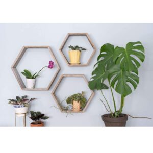 barnwoodusa hexagon floating shelves set of 3 | rustic farmhouse reclaimed wood honeycomb shelves | wall hanging octagon shelves | naturally weathered gray