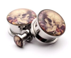 mystic metals body jewelry screw on plugs - vintage skull style 6 picture plugs - sold as a pair (10g (2.5mm))