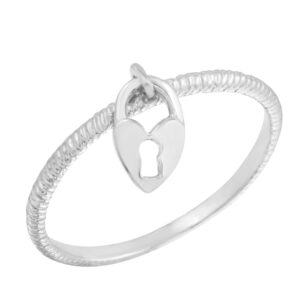 modern contemporary rings fine 925 sterling silver love heart lock dangle rope style ring (size 9)