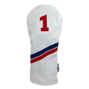 sunfish leather driver golf headcover white with blue and red stripes