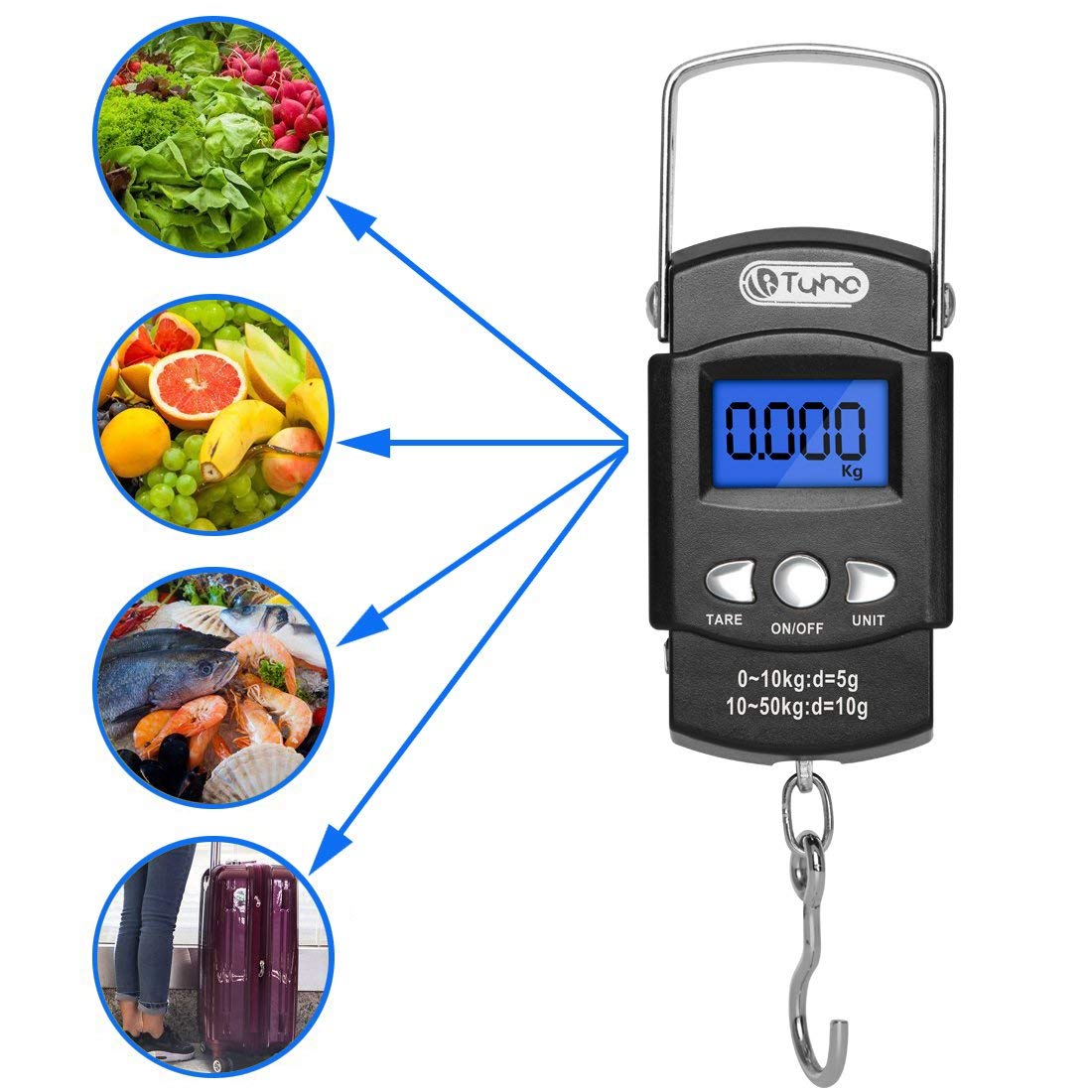 TyhoTech Fishing Scale 110lb/50kg Backlit LCD Screen Portable Electronic Balance Digital Fish Hook Hanging Scale with Measuring Tape Ruler, D Shape Buckle and Carry Bag Included