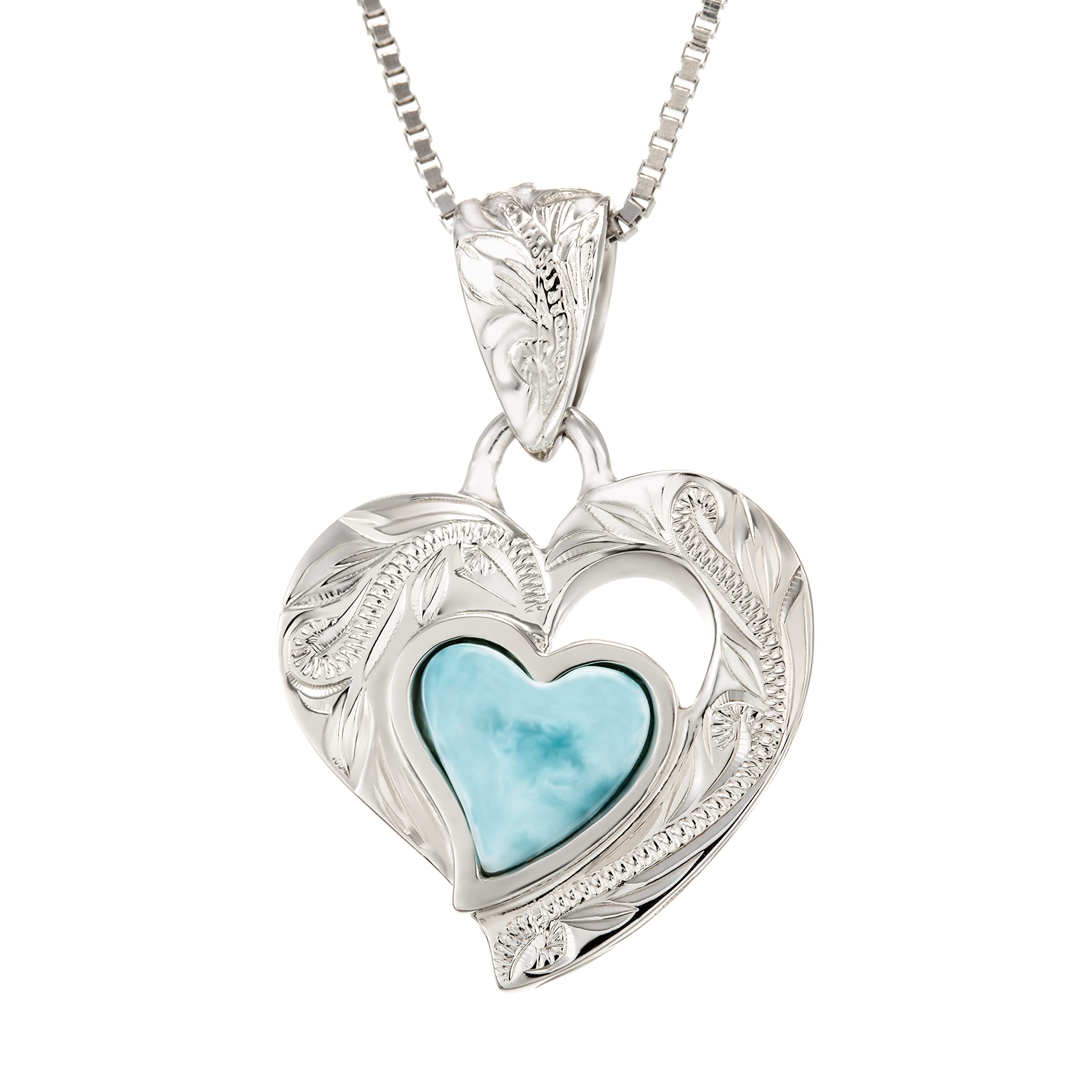 Aloha Jewelry Company Sterling Silver Natural Larimar Hawaiian Tribal Heart Necklace Pendant with 18" Box Chain