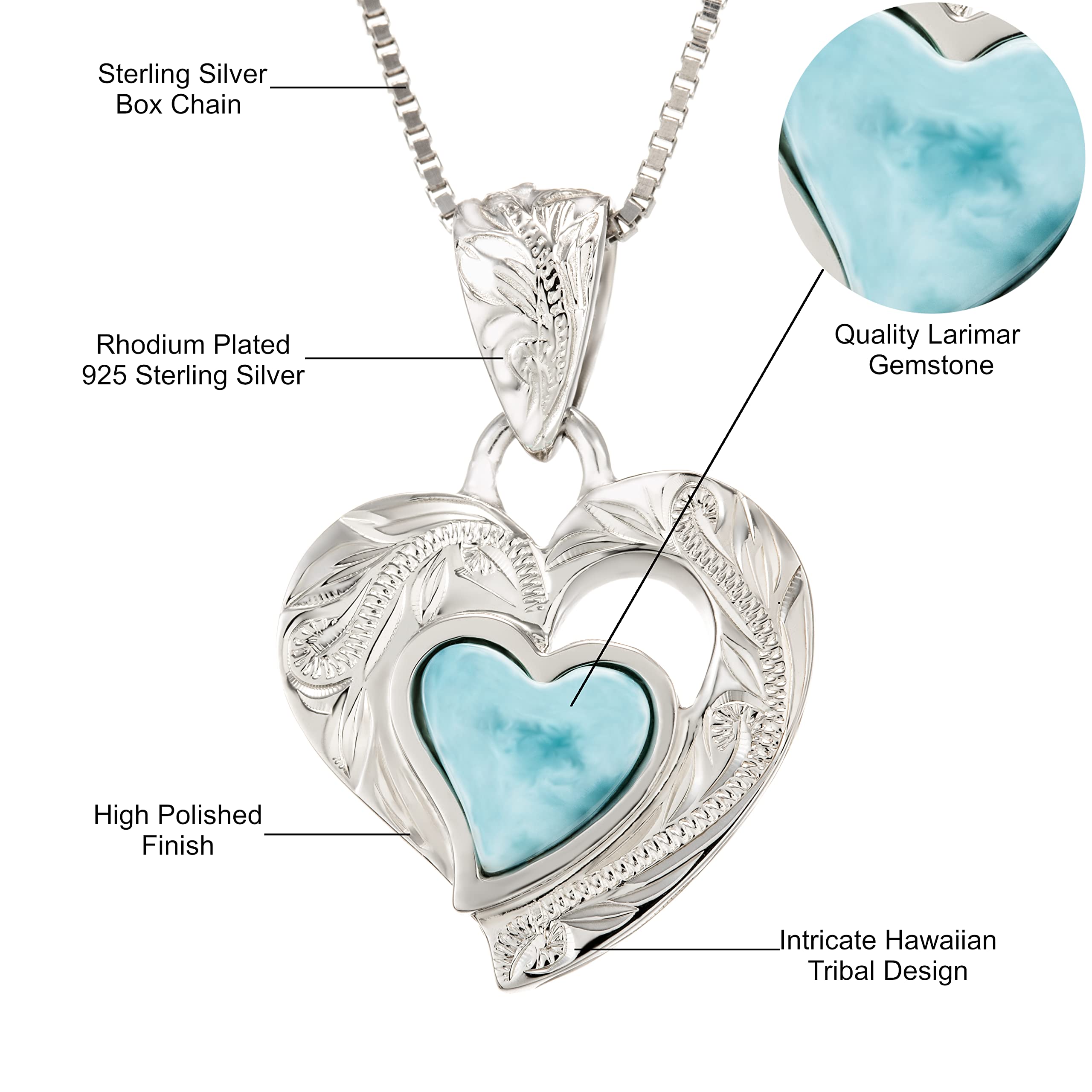 Aloha Jewelry Company Sterling Silver Natural Larimar Hawaiian Tribal Heart Necklace Pendant with 18" Box Chain