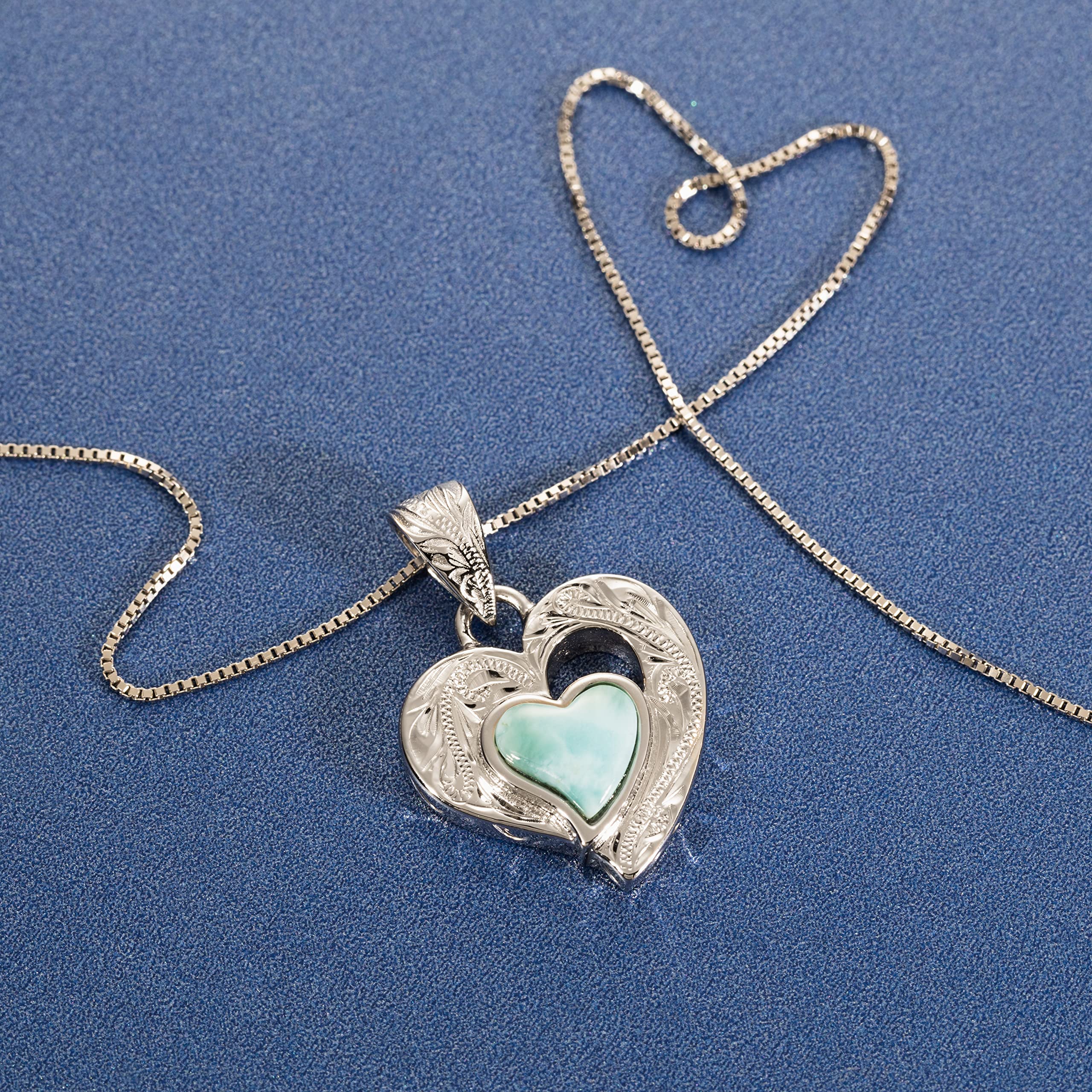 Aloha Jewelry Company Sterling Silver Natural Larimar Hawaiian Tribal Heart Necklace Pendant with 18" Box Chain