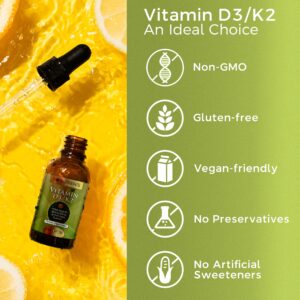 Go Nutrients Liquid Vitamin D3 K2 Drops - for Bone & Heart Health - Fast Absorption Vitamin D Drops for Adults & Kids, GMO-Free, VIT D3 MK7, Supports Immunity & Healing, 1.0 oz. | 90 Servings