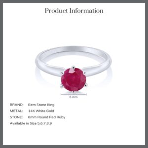 Gem Stone King 14K White Gold Red Ruby Women Engagement Solitaire Ring (1.00 Cttw, Round 6MM, Gemstone Birthstone, Available In Size 5,6,7,8,9)