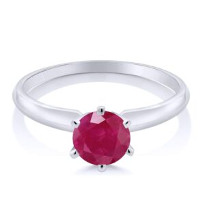 Gem Stone King 14K White Gold Red Ruby Women Engagement Solitaire Ring (1.00 Cttw, Round 6MM, Gemstone Birthstone, Available In Size 5,6,7,8,9)