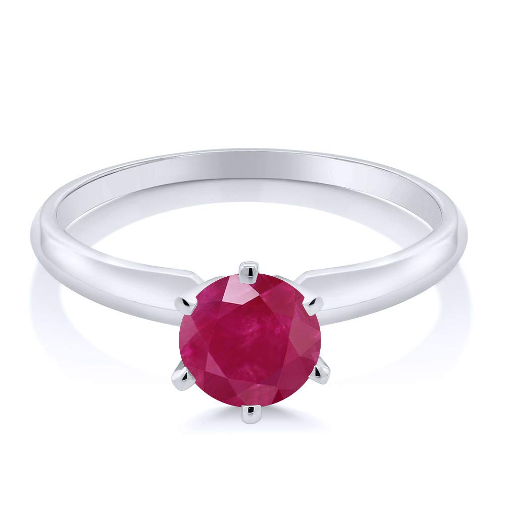 Gem Stone King 14K White Gold Red Ruby Women Engagement Solitaire Ring (1.00 Cttw, Round 6MM, Gemstone Birthstone, Available In Size 5,6,7,8,9)