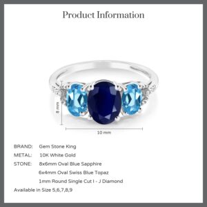 Gem Stone King 10K White Gold Blue Sapphire Swiss Blue Topaz and Diamond Accent 3-Stone Women's Engagement Ring 2.84 Ct Oval (Size 9)