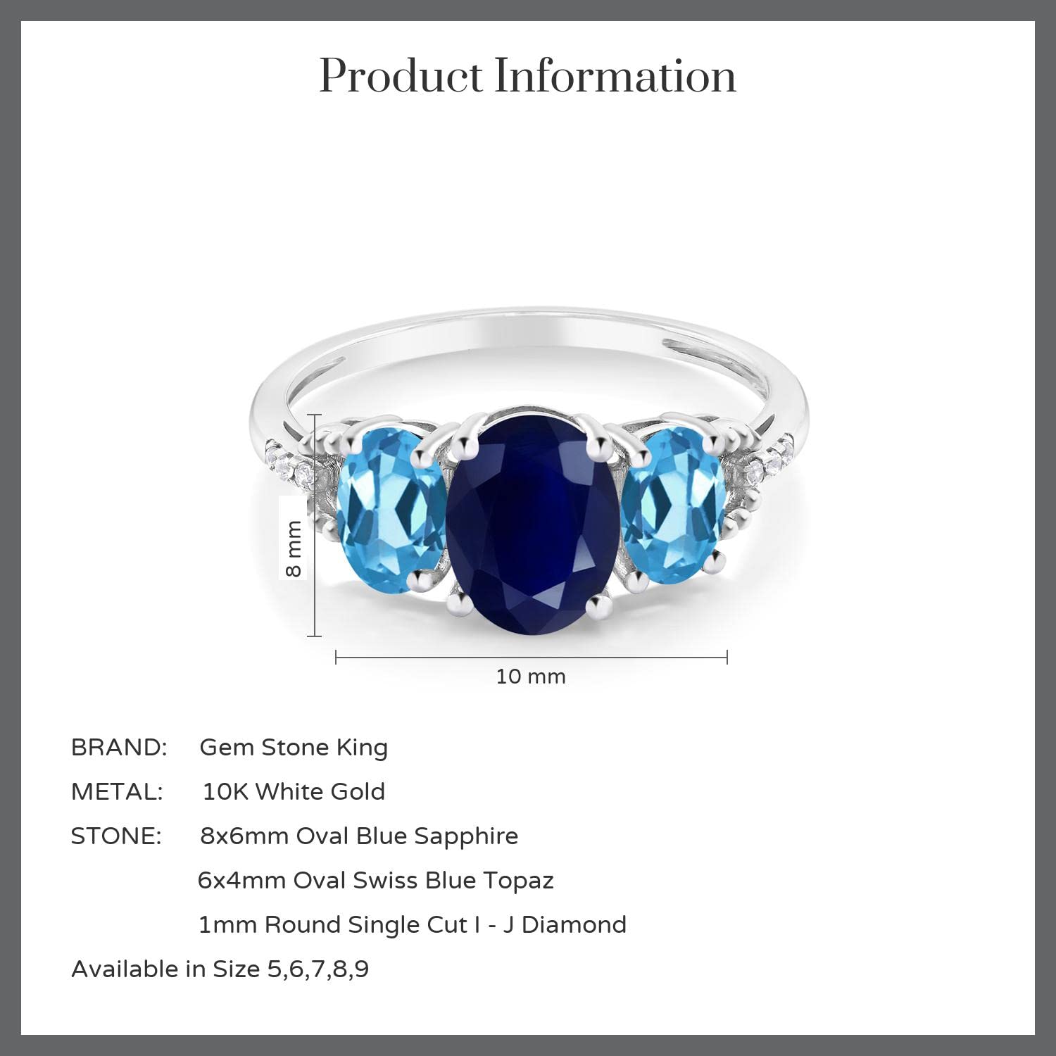 Gem Stone King 10K White Gold Blue Sapphire Swiss Blue Topaz and Diamond Accent 3-Stone Women's Engagement Ring 2.84 Ct Oval (Size 9)