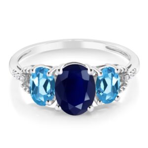 Gem Stone King 10K White Gold Blue Sapphire Swiss Blue Topaz and Diamond Accent 3-Stone Women's Engagement Ring 2.84 Ct Oval (Size 9)