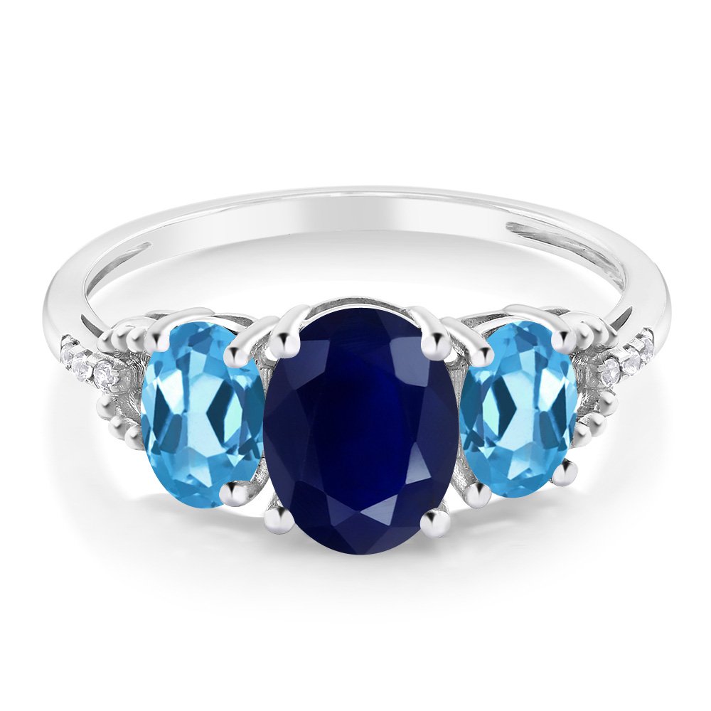 Gem Stone King 10K White Gold Blue Sapphire Swiss Blue Topaz and Diamond Accent 3-Stone Women's Engagement Ring 2.84 Ct Oval (Size 9)