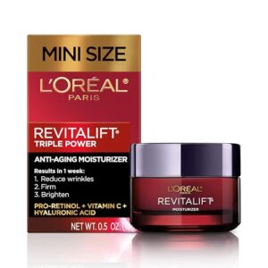 l'oreal paris revitalift triple power anti-aging face moisturizer travel size, pro retinol, hyaluronic acid & vitamin c, reduce wrinkles, trial 0.5 oz