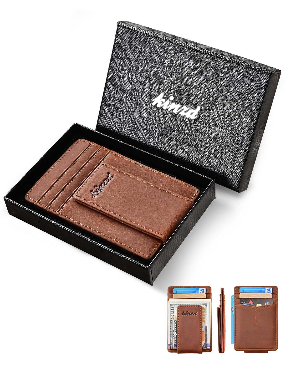 kinzd Money Clip Crazy Horse Leather Slim Minimalist Wallet for Men RFID Blocking Strong Magnet Money Clips Front Pocket Wallet