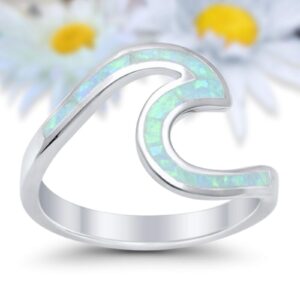 Wave Swirl Band Ring Irregular Shape Lab Created White Opal 925 Sterling Silver, Size-7