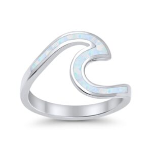 Wave Swirl Band Ring Irregular Shape Lab Created White Opal 925 Sterling Silver, Size-7