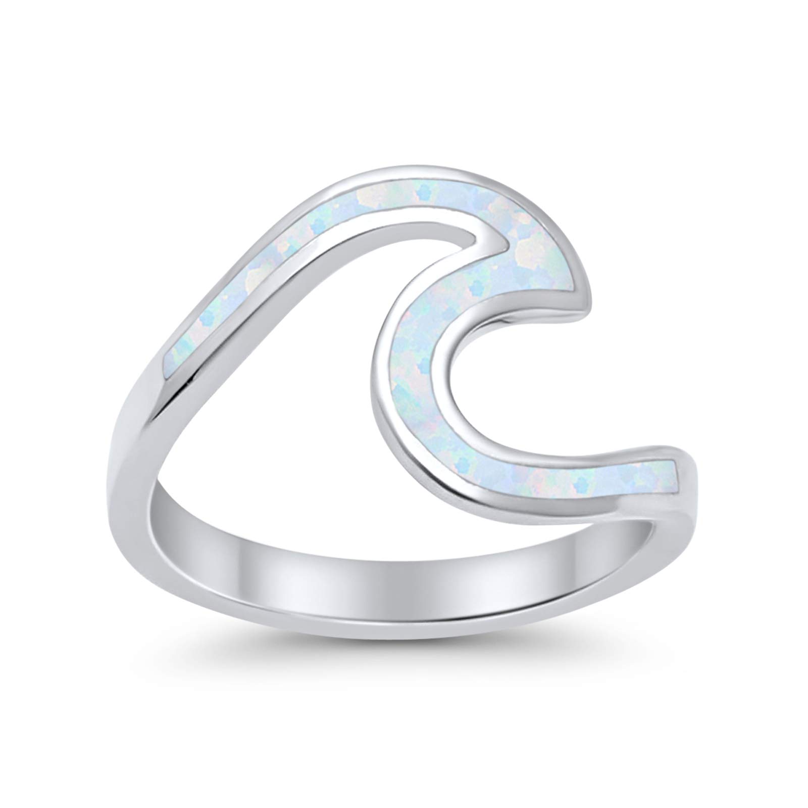 Wave Swirl Band Ring Irregular Shape Lab Created White Opal 925 Sterling Silver, Size-7