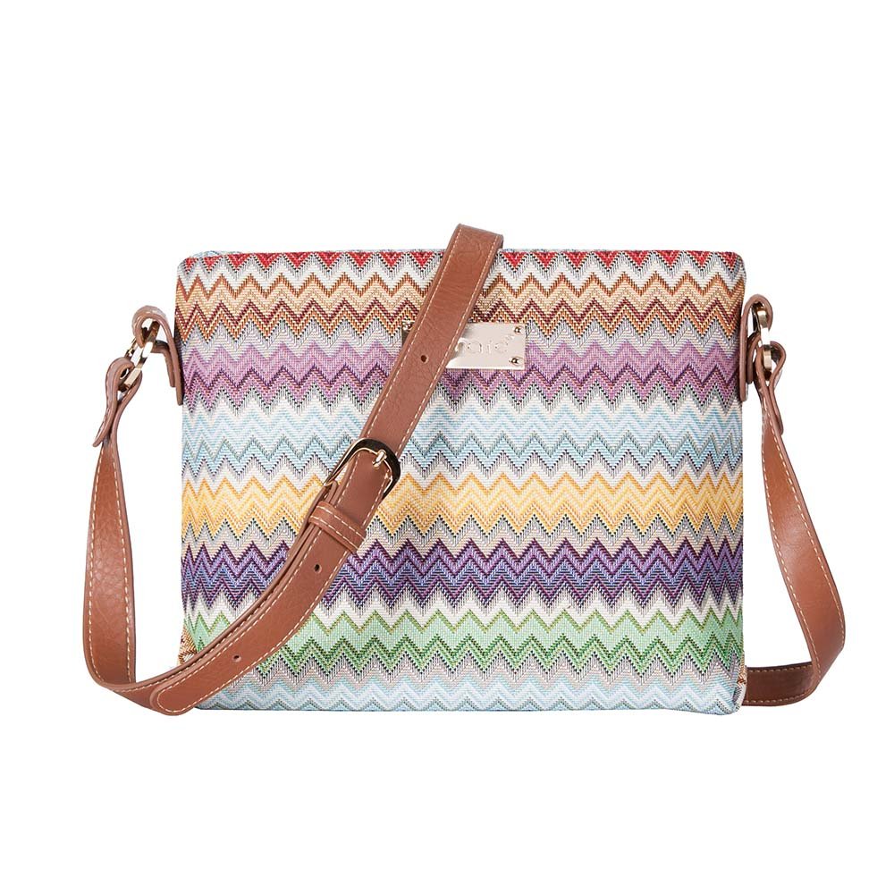 Signare Tapestry Crossbody Bag Shoulder Purse for Women In Aztec Zigzag Rainbow Design (XB02-AZT)