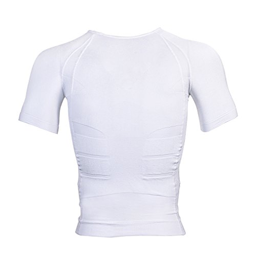 Odoland Men's Body Shaper Slimming Shirt Tummy Vest Thermal Compression Base Layer Slim Muscle Short Sleeve Shapewear, White XL