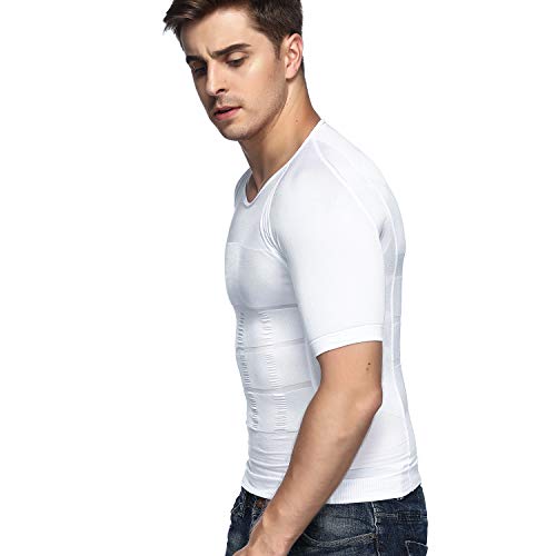 Odoland Men's Body Shaper Slimming Shirt Tummy Vest Thermal Compression Base Layer Slim Muscle Short Sleeve Shapewear, White XL