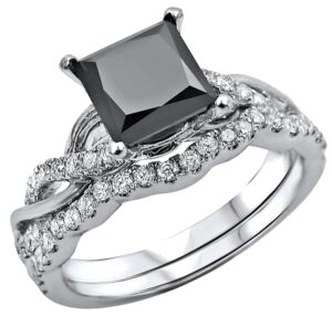 1.5 ct black princess cut diamond engagement ring bridal set 10k white gold