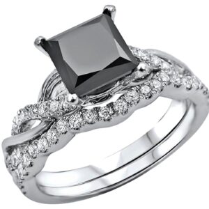 1.5 Ct Black Princess Cut Diamond Engagement Ring Bridal Set 10k White Gold