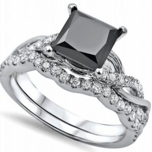 1.5 Ct Black Princess Cut Diamond Engagement Ring Bridal Set 10k White Gold