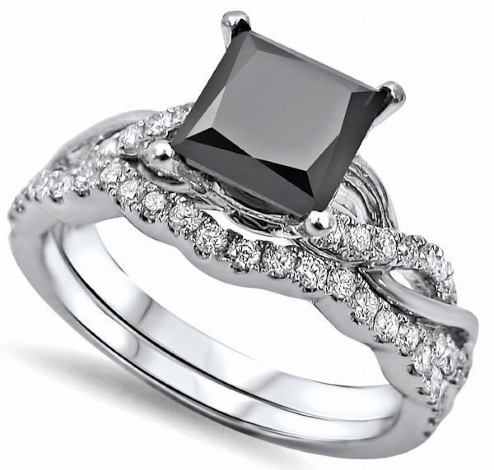 1.5 Ct Black Princess Cut Diamond Engagement Ring Bridal Set 10k White Gold