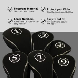 Black Golf Zipper Head Covers Driver 1 3 5 7 9 X Fairway Woods Headcovers Metal Traditional Plain Protective Covers Fits All Fairway Clubs