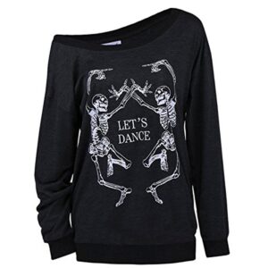 lufeng women's christmas halloween off shoulder skeleton printing funny t-shirt long sleeve sweatshirts pullover tops black