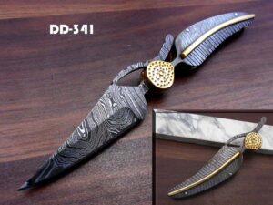 8" hand forged damascus steel leaf folding pocket knife custom made, engraved damascus scale with bras art work cow leather sheath (damascus) (full damascus)