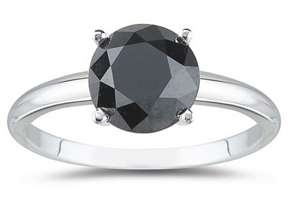 Houston Diamond District 2 Carat 14K White Gold Round Black Diamond Solitaire Ring (AAA Quality) - Size 6.5