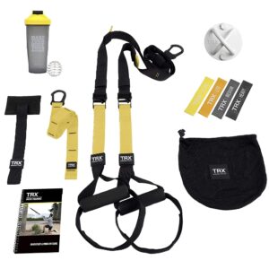 trx training all-in-one suspension-trainer exercise equipment bundle with xmount wall anchor, 4 strength-exercise bands, and shaker bottle, 10 items total