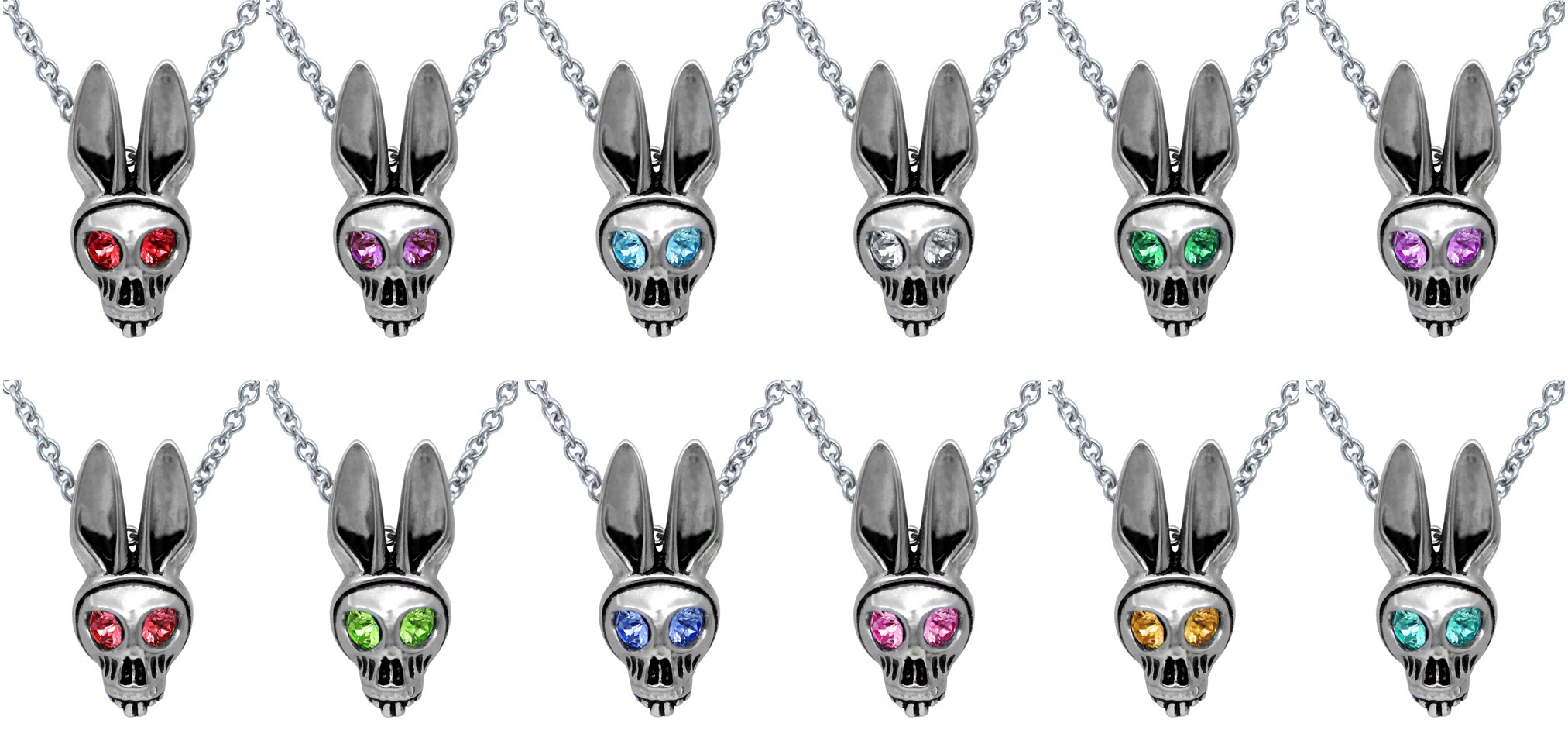 Bunny Skull Birthstone Necklace With Swarovski Crystal 19" plus 2" extender (07-July – Red)