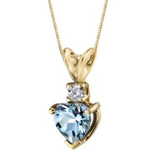 peora solid 14k yellow gold aquamarine with diamond pendant for women, genuine gemstone birthstone solitaire, heart shape, 0.75 carat total