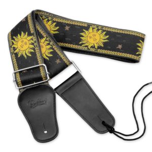 guitar strap, vintage embroidered sun straps with genuine leather ends guitar shoulder strap for bass, acoustic,classical & electric guitar (black)