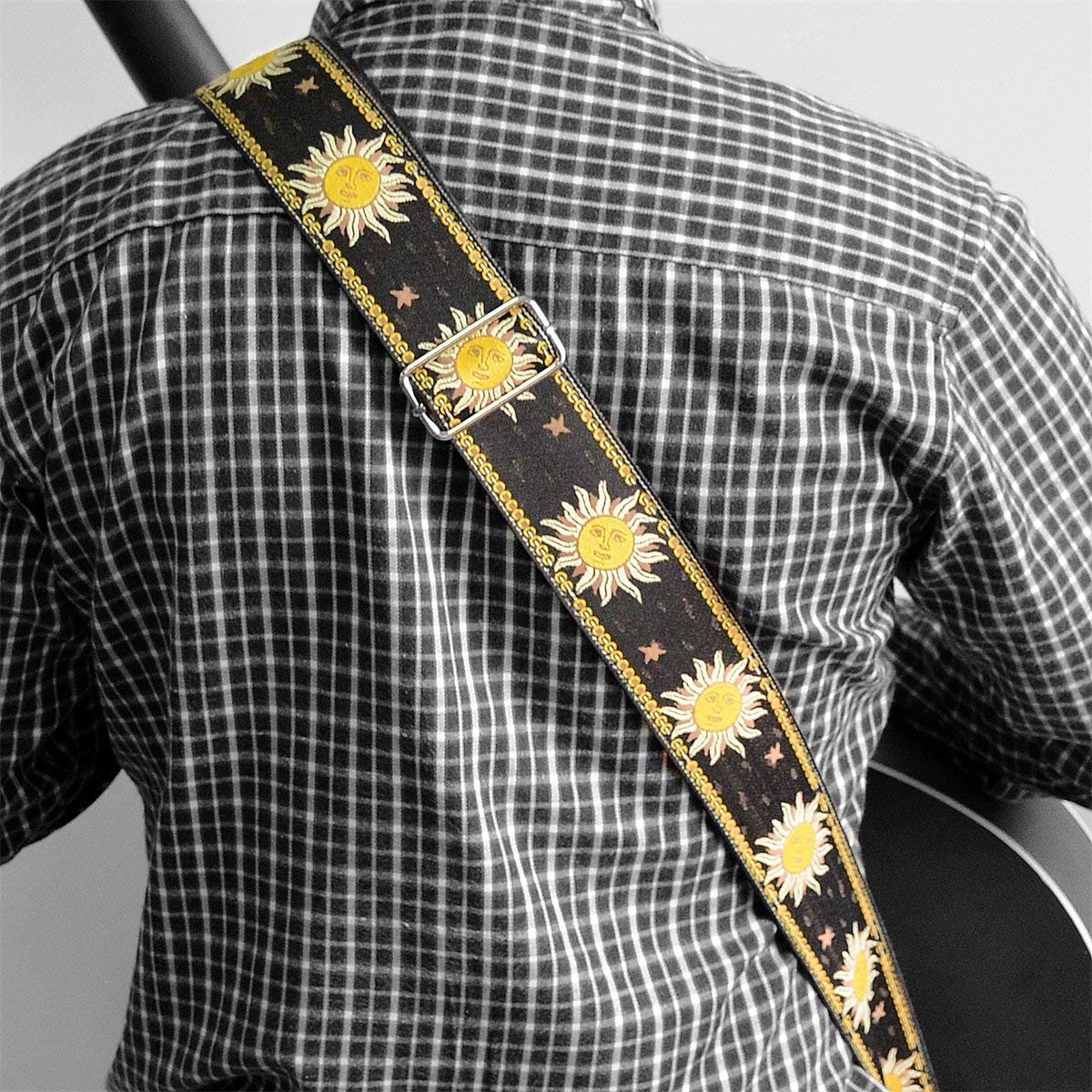 Guitar Strap, Vintage Embroidered Sun Straps with Genuine Leather Ends Guitar Shoulder Strap for Bass, Acoustic,Classical & Electric Guitar (Black)