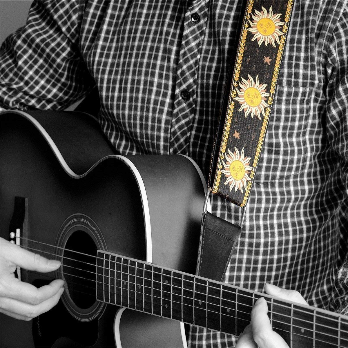 Guitar Strap, Vintage Embroidered Sun Straps with Genuine Leather Ends Guitar Shoulder Strap for Bass, Acoustic,Classical & Electric Guitar (Black)