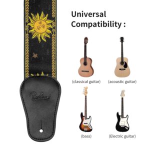 Guitar Strap, Vintage Embroidered Sun Straps with Genuine Leather Ends Guitar Shoulder Strap for Bass, Acoustic,Classical & Electric Guitar (Black)